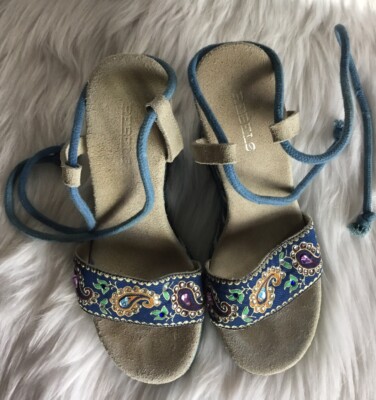 Rebels Wedge Sandals Size 6 Ankle Lace Tie Blues Paisley Gem Accented ...