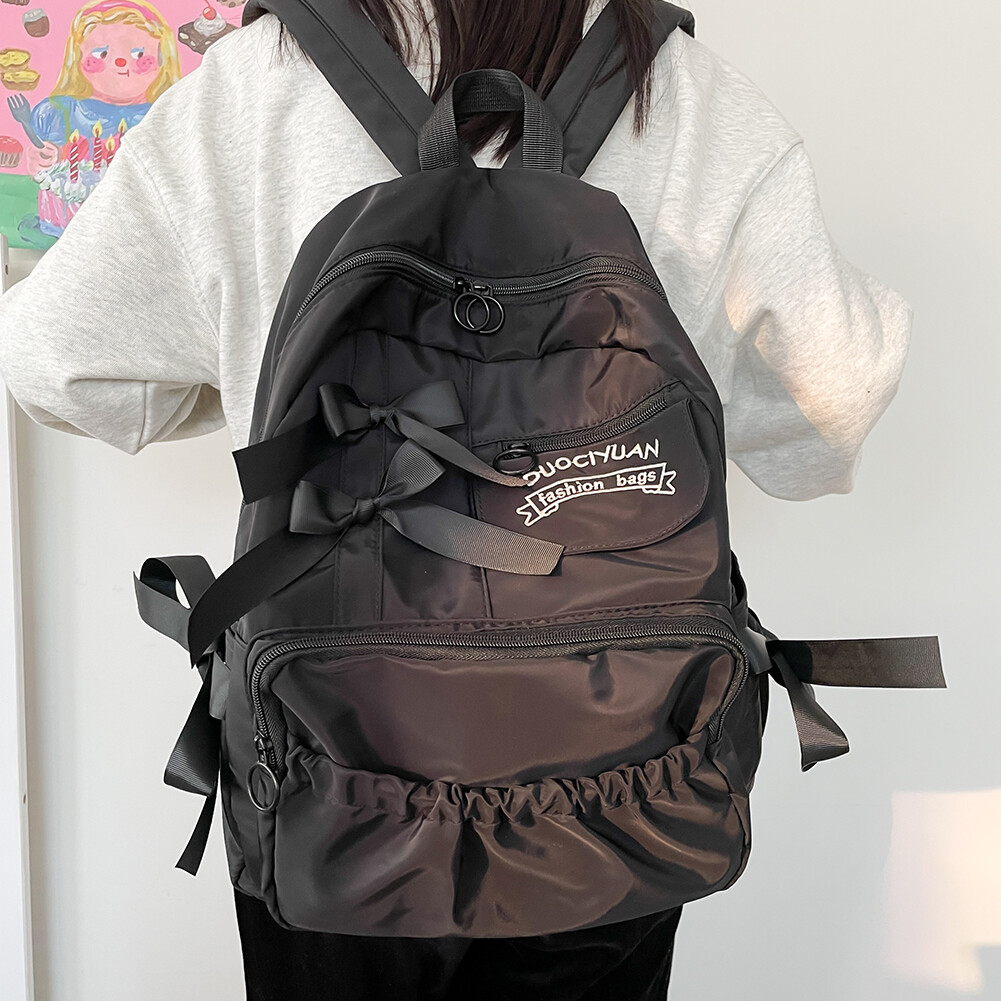 Cute Travel Bag Comfortable Girls Bow Tie Backpack Nylon Bookbag (Black ...