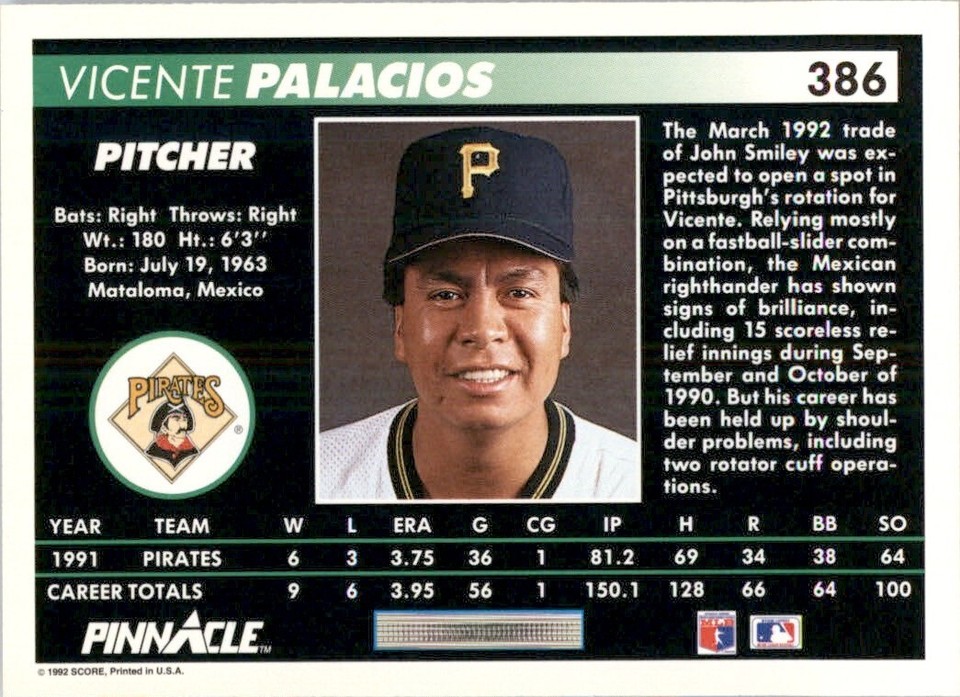 1992 Pinnacle Vicente Palacios Pittsburgh Pirates #386 Baseball Card | eBay