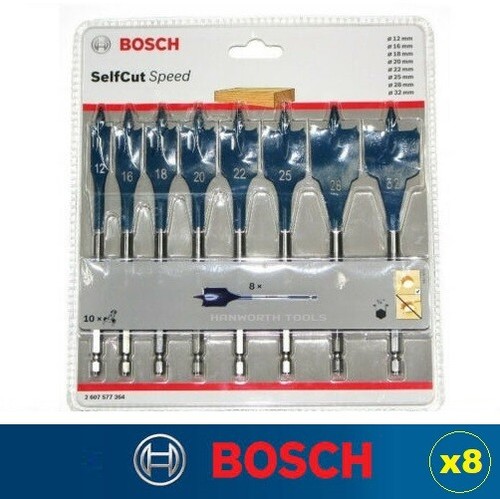 Bosch Wood Drill Bit Set x8 Hex Spade Flat Drill Bits Self Cut Speed ...