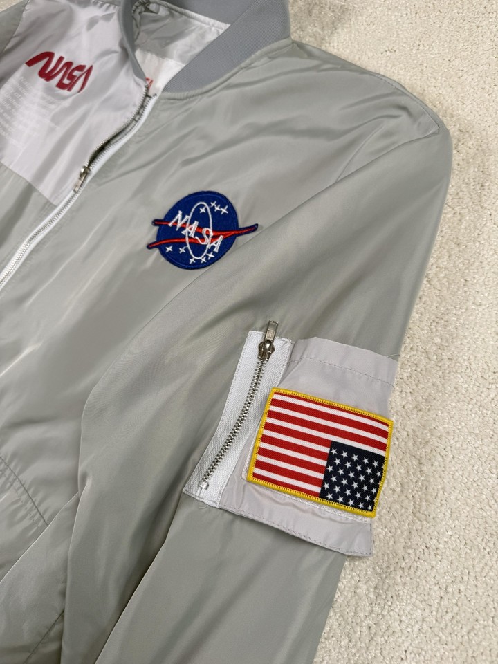 NASA Jacket Mens Large Gray Reflective Bomber Full Zip Flag Patch USA ...
