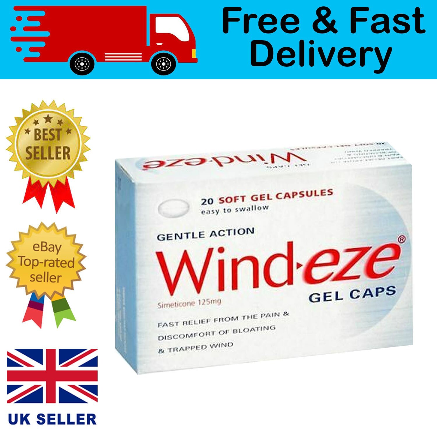 Wind-Eze Gel Capsules for Bloating & Trapped Gas Capsules 20 UK Seller ...