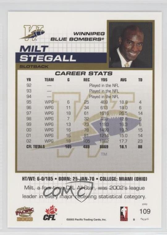 2003 Pacific CFL Milt Stegall #109 | eBay