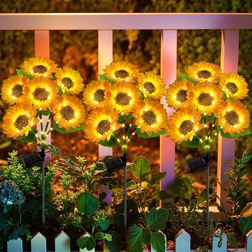 Solar Sunflower Lights Outdoor Waterproof - 3 Pack with 18 Bright Solar ...