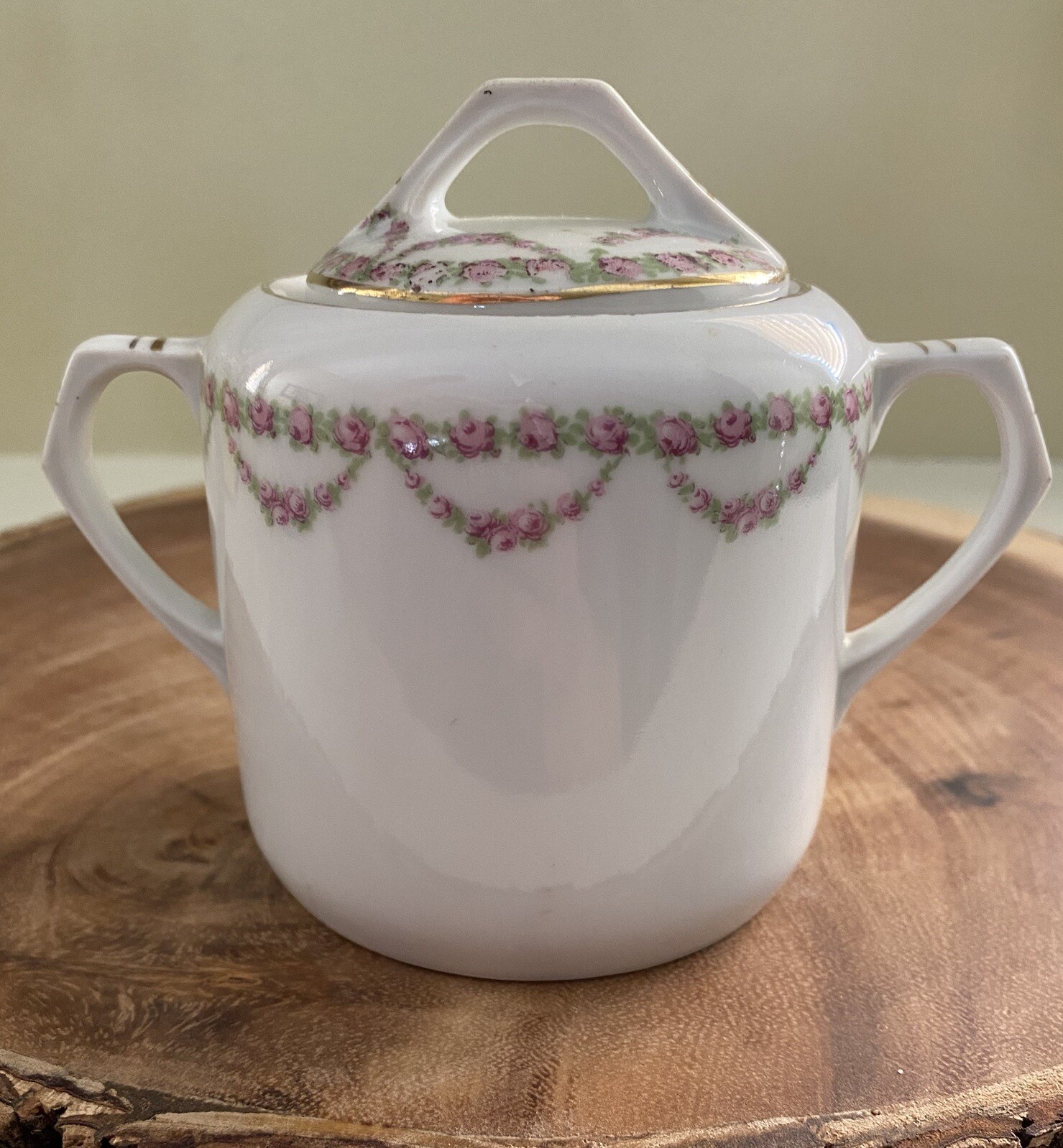 Vintage Epiag Aich Porcelain Sugar Bowl with Lid Pink Rose Garland Gold ...
