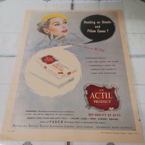 Vintage Australian advertising 1952 ad ACTIL SHEETS & PILLOWCASES linen ...