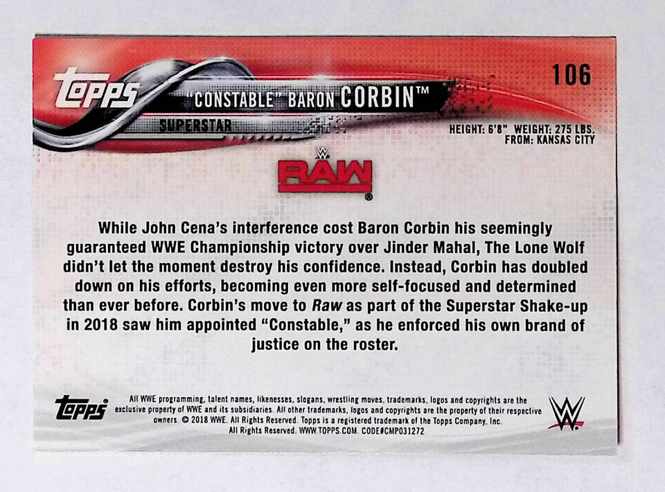 Constable Baron Corbin Wrestling Card Topps 2018 WWE Then Now Forever ...