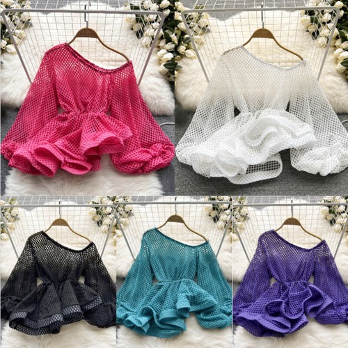 Women Hollow Out Blouse Top Sheer Mesh Ruffle Puff Sleeve Asymmetric ...