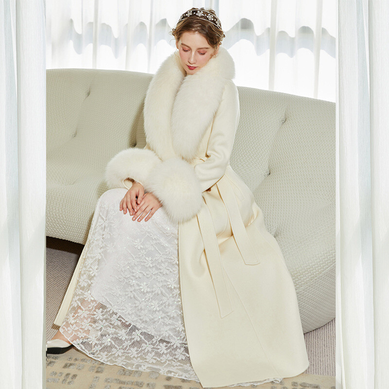 White Thick Wool Jacket Womens Slim Fit Cashmere Real Fox Fur Collar ...