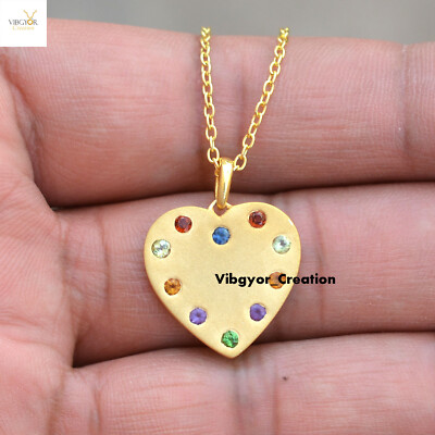 Multi Gemstone Heart Pendant 925 Silver Matte Finish Gold Plated Charm ...
