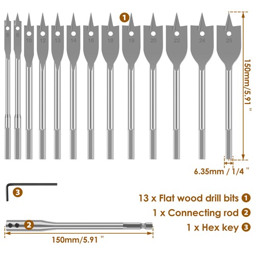 AU 15Pcs Spade Drill Bit Set 6mm-25mm Carbon Steel Paddle Flat Bit Set ...