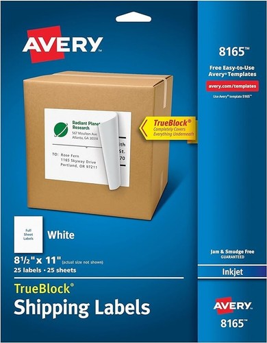 AVERY 8165 Full-Sheet TrueBlock Shipping Labels, 8 1/2" x 11" White ...