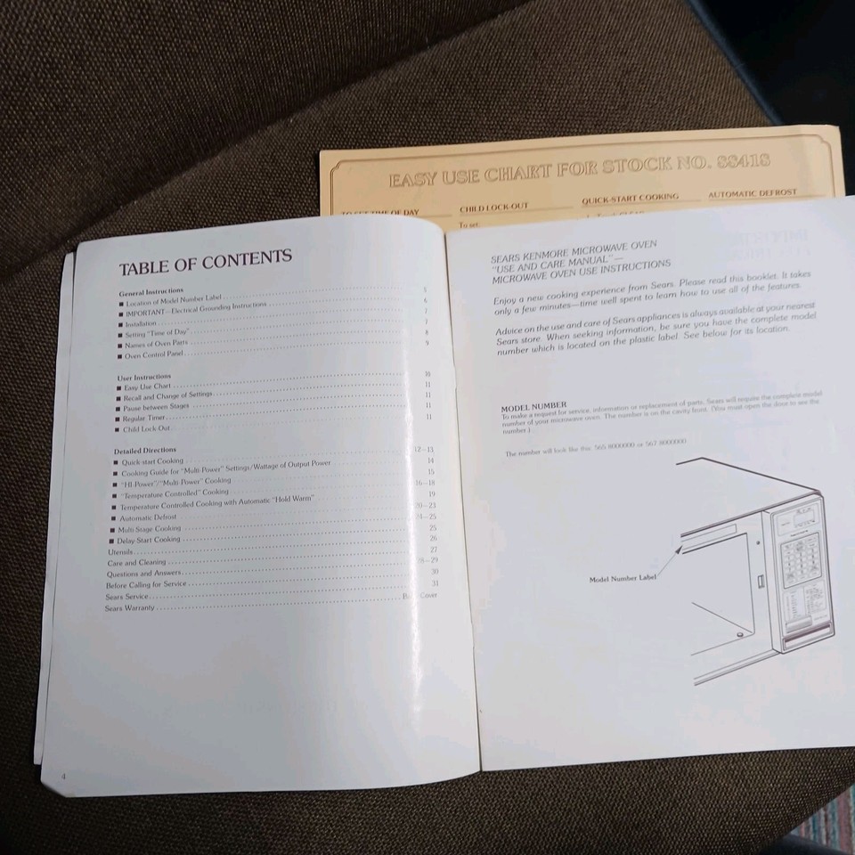 Kenmore Sears Microwave Oven Use & Care Manual Stock No. 88418 w/ easy ...