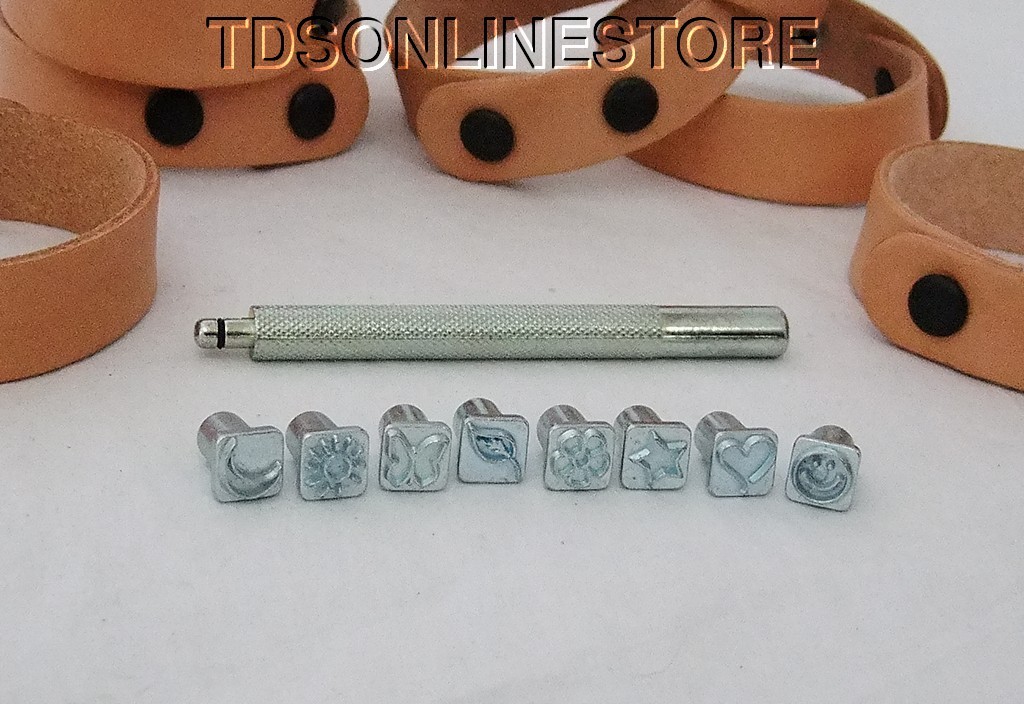 9 Piece Interchangeable Leather Design Stamps Fun Designs W Wrist Bands ...