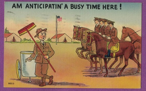 MILITARY COMIC VTG LINEN PC SOLDIER CLEANING UP HORSE POOP SOLDIERS ...