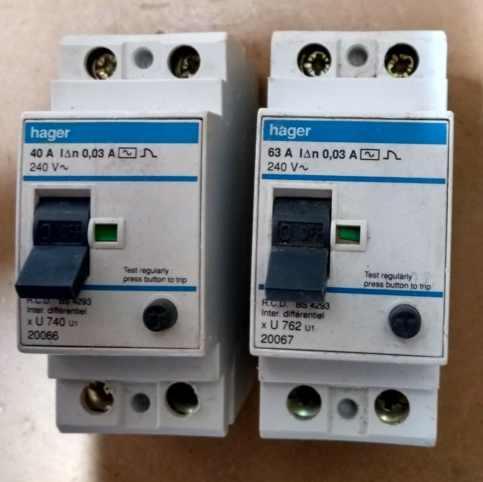 HAGER RCD / RCCB's 30mA. 63A, 40A ! All Live Tested ! U740 u1, U762 u1 ...