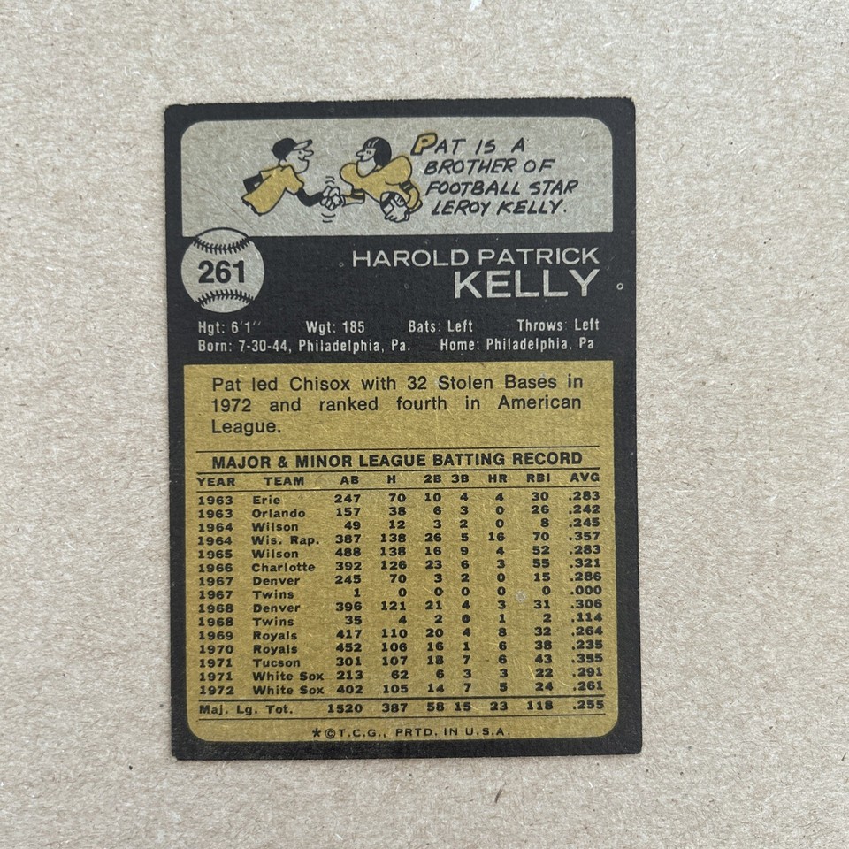 1973 Topps Baseball Pat Kelly Chicago White Sox Card #261 | eBay
