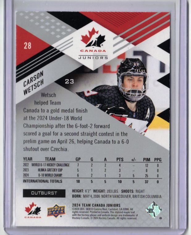 CARSON WETSCH 2024 24 Upper Deck Team Canada Pre-Rookie Silver OUTBURST ...