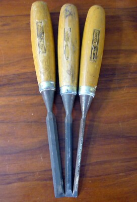 3 Vintage Marples 1/2 1/3 1/4 inch Beveled Woodworking Chisels Ridgway ...