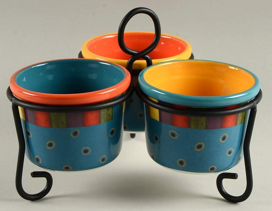 Certified International Salsa Motif Condiment Bowls & Metal Stand ...