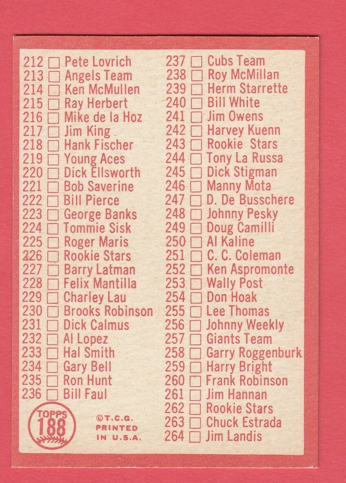 1964 Topps # 188 3rd Series Checklist - NM - Box 734-746 | eBay