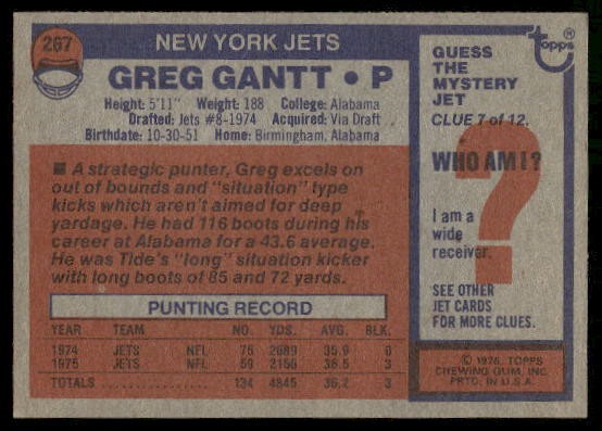 1976 Topps Greg Gantt Rookie #267 New York Jets | eBay
