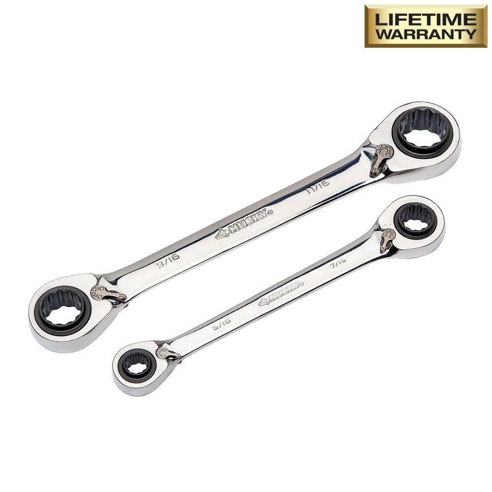 Husky Ratcheting Wrench Set SAE MM Quad Drive Reversible Offset Box End ...