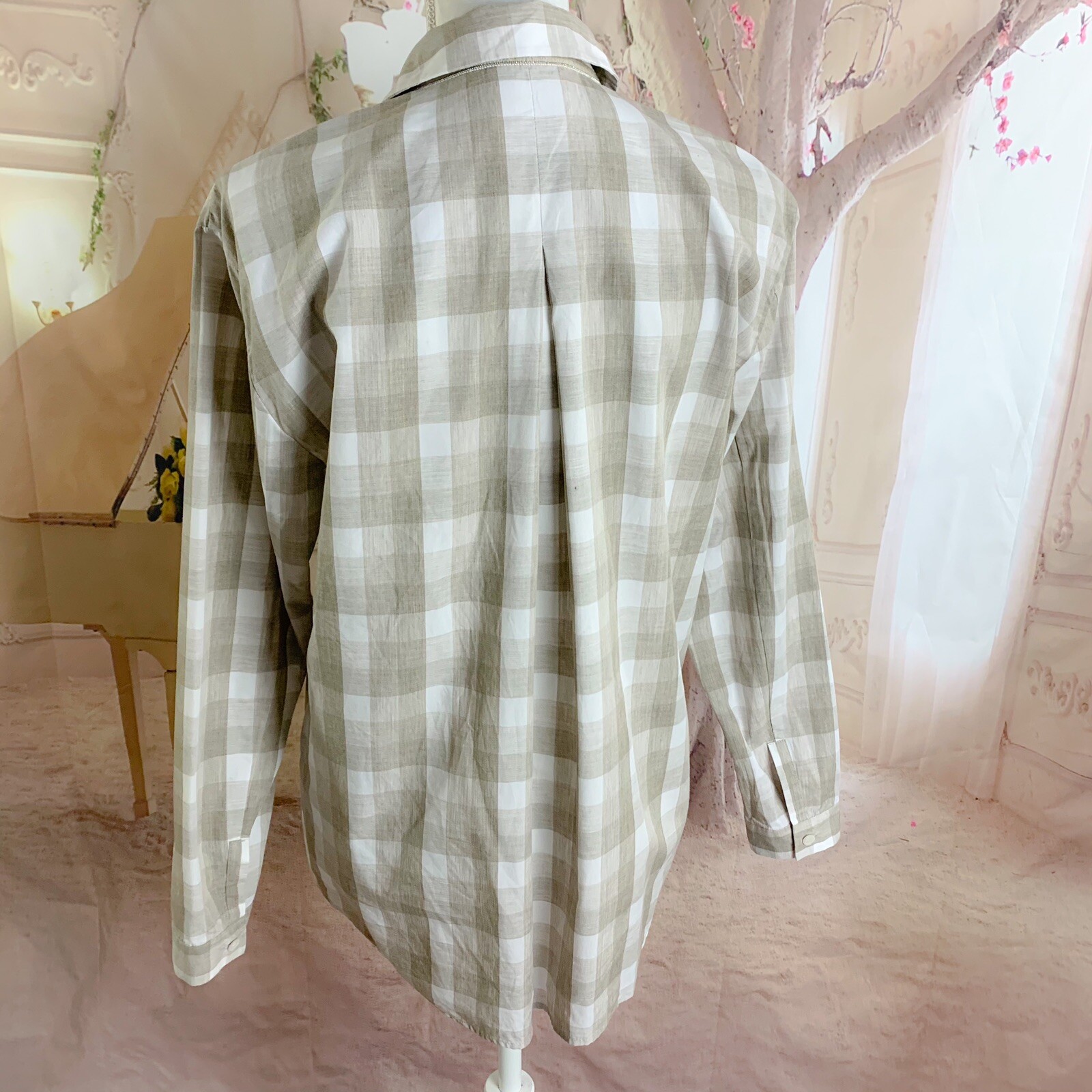 Lafayette 148 Blouse Top Cotton Brown Tan Checker Long Sleeve Button ...