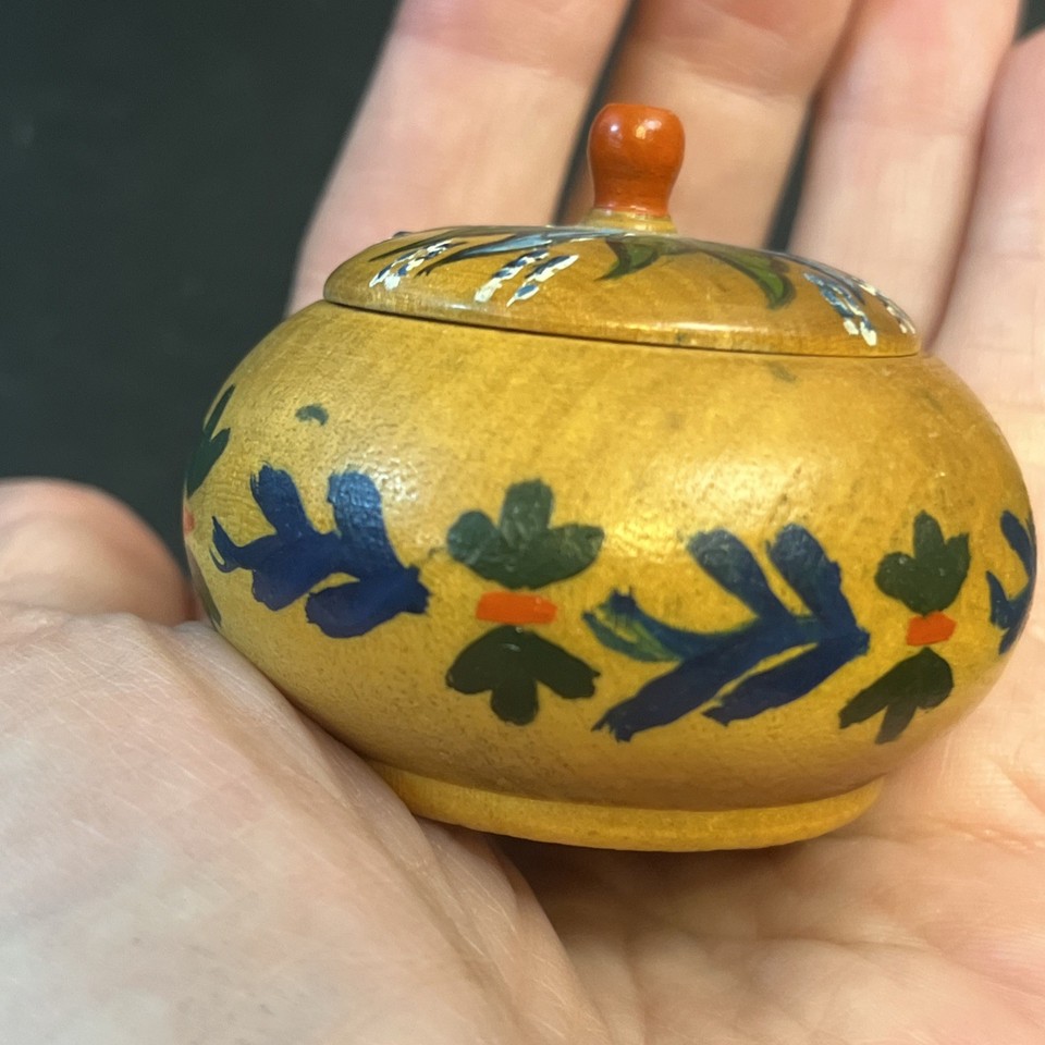 2 Miniature Hand Painted Wooden Trinket Box Lidded Floral Pair 2" Round ...