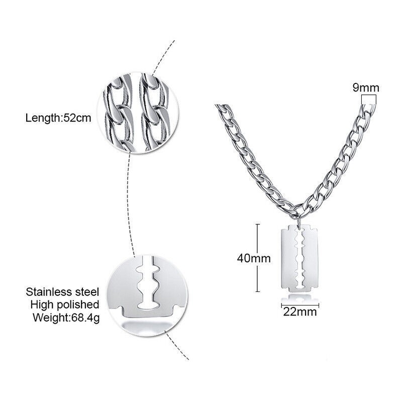 20" Gothic Razor Blade Pendant Men's Necklace Choker Stainless Steel ...