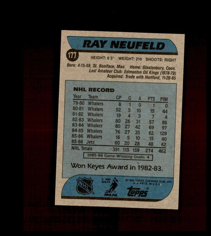 1986 Topps Hockey #177 Ray Neufeld STARX 8 NM/MT (CS807667) | eBay