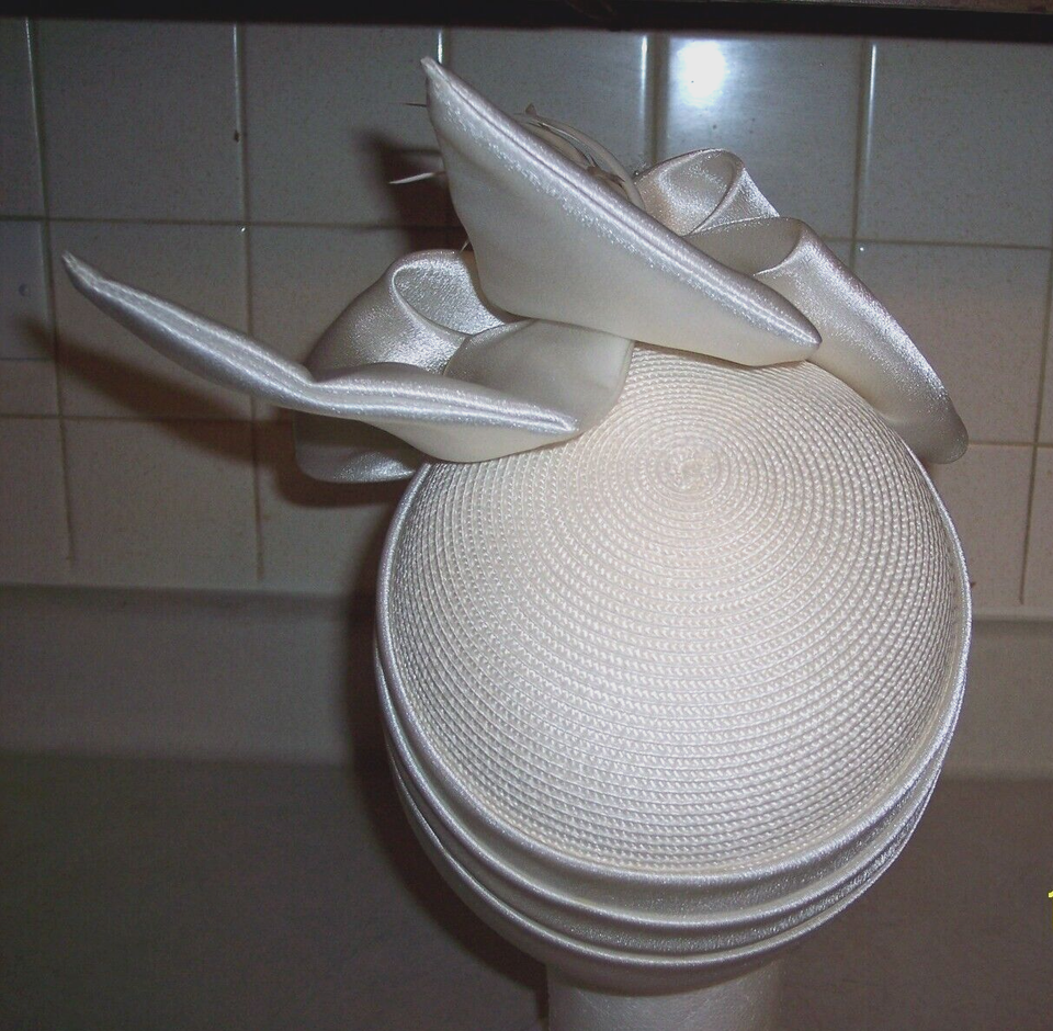 Whittall & Shon White Polyurethane Hat with Large White Bow and Rose 22 ...