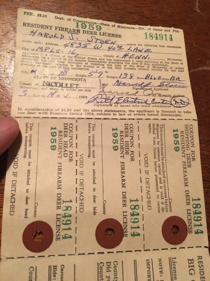 1959 Minnesota Resident Firearm Deer Hunting License w/ Report Card | eBay