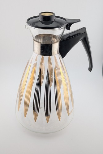 Vintage 10 Cup Pyrex Glass Coffee Carafe Pot Gold Stripe Pattern MCM W ...