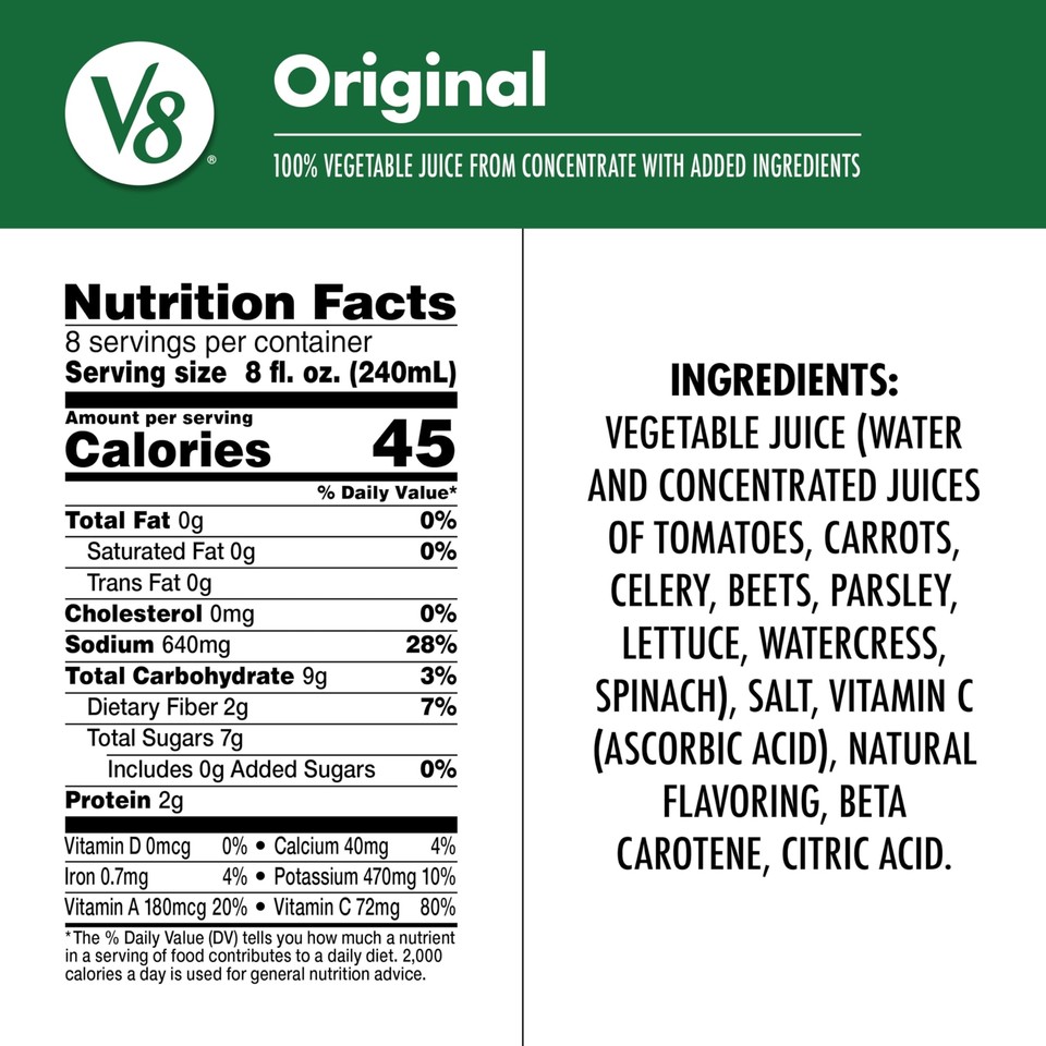 V8 Original 100 Vegetable Juice 64 Fl Oz Pack of 6 Gluten Free Non GMO ...