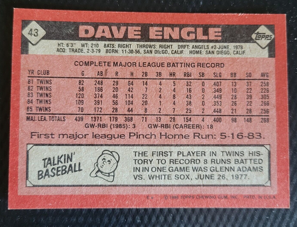 1986 Topps TCG Catcher DAVE ENGLE Minnesota Twins MLB Baseball Card #43 ...