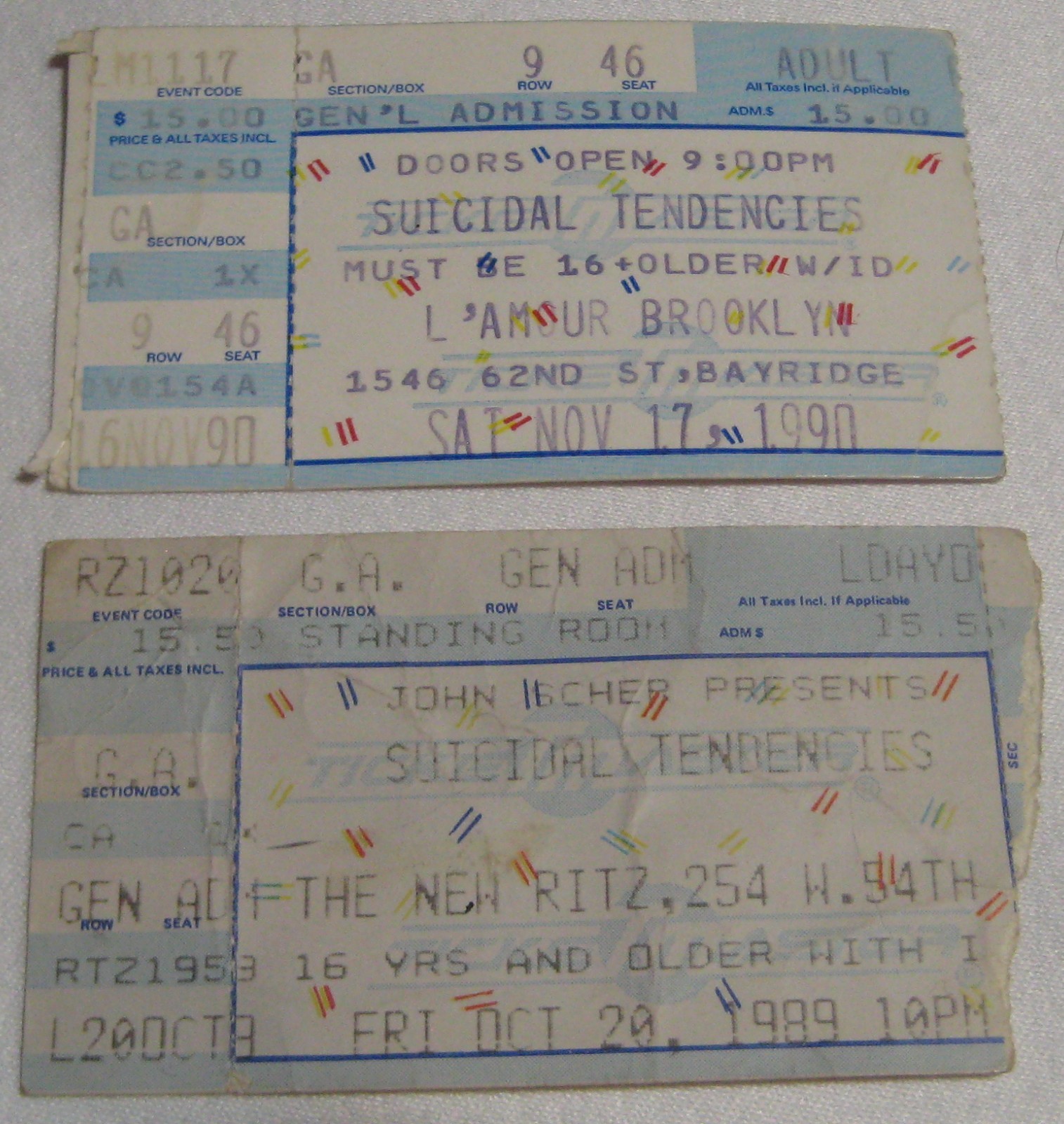 2 "SUICIDAL TENDENCIES" CONCERT STUBS 89' @THE NEW RITZ 90' NYC @L ...