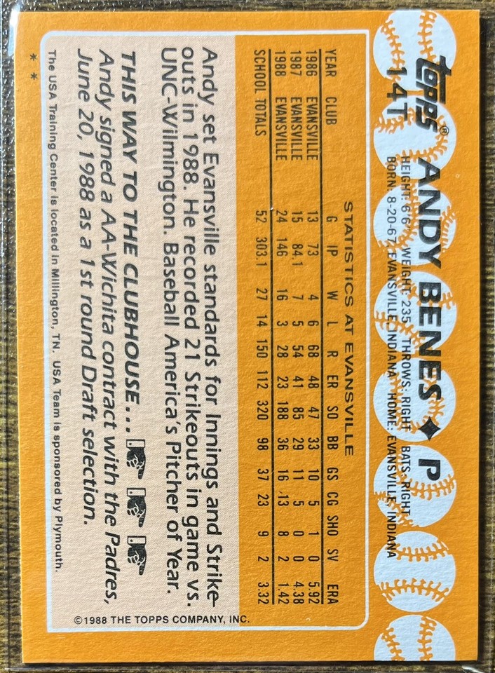 1988 TOPPS TRADED #14T ANDY BENES ROOKIE CARD RC TEAM USA FREE SHIPPING ...