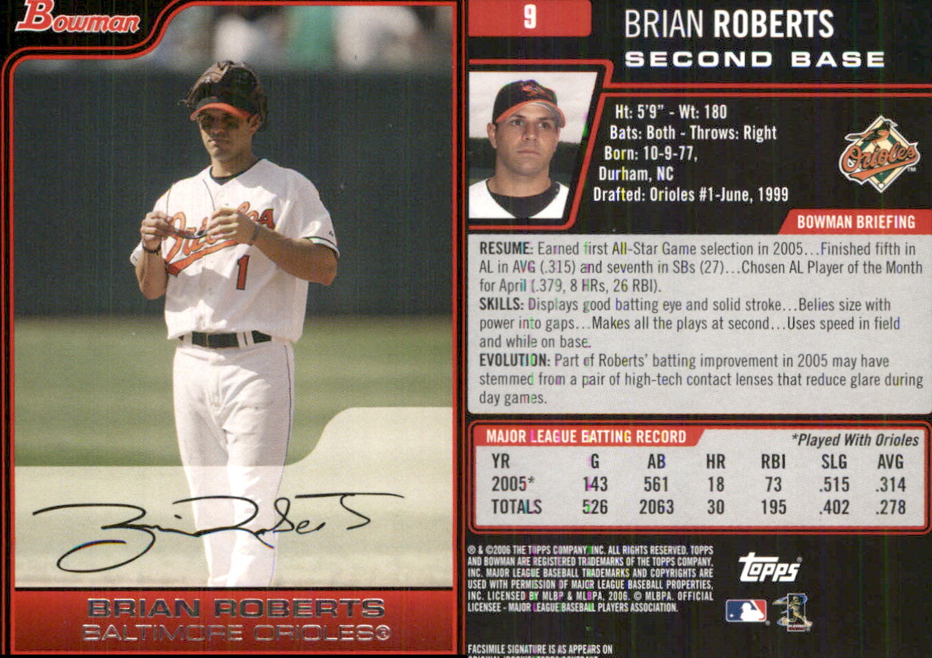 Brian Roberts 2006 Bowman #9 Card Baltimore Orioles FREE SHIP ...