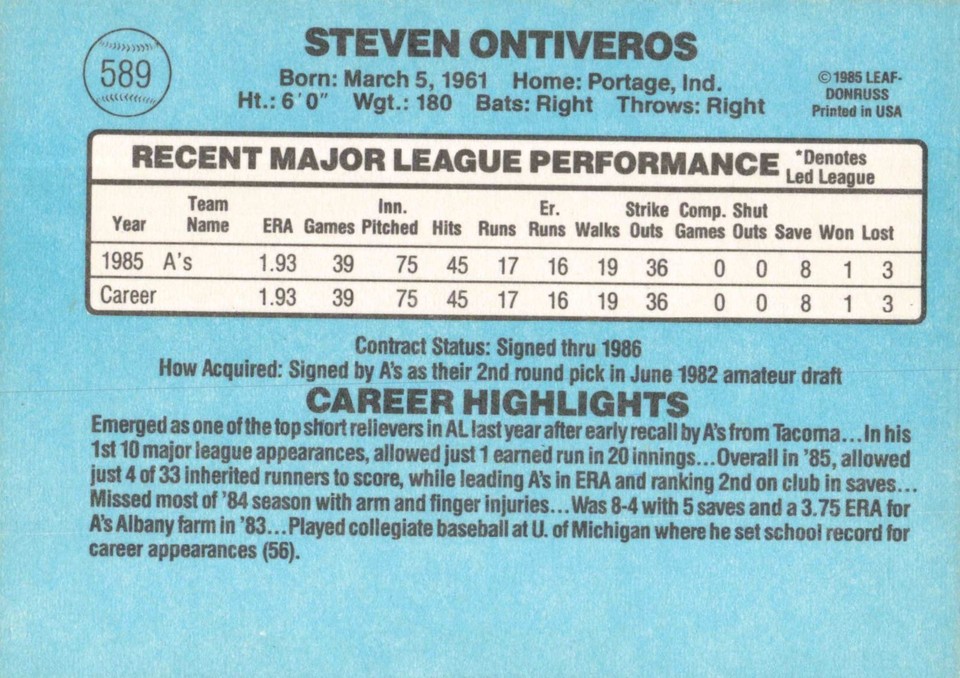 Steve Ontiveros Oakland A's 1986 Donruss Baseball Trading Card #589 | eBay