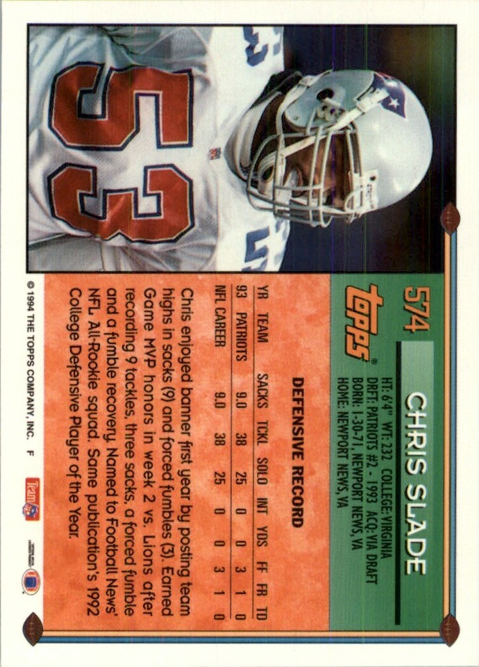 1994 Topps NFL Chris Slade #574 | eBay