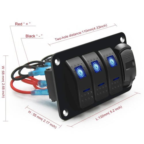 3 Gang Aluminum Rocker Switch Panel ON Off Toggle Switch with Blue LED ...