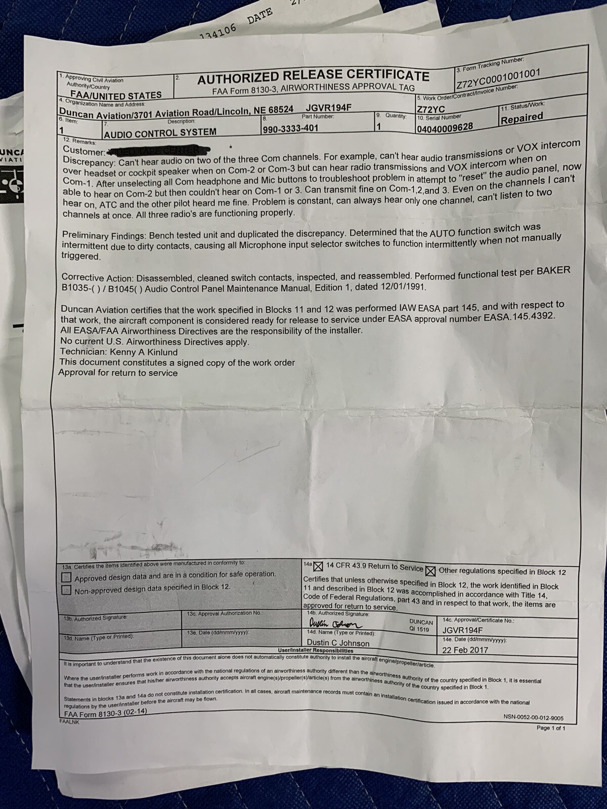 Audio Control Panel, Baker Electronics, Model B1045-J356-HWB3, PN- 990 ...