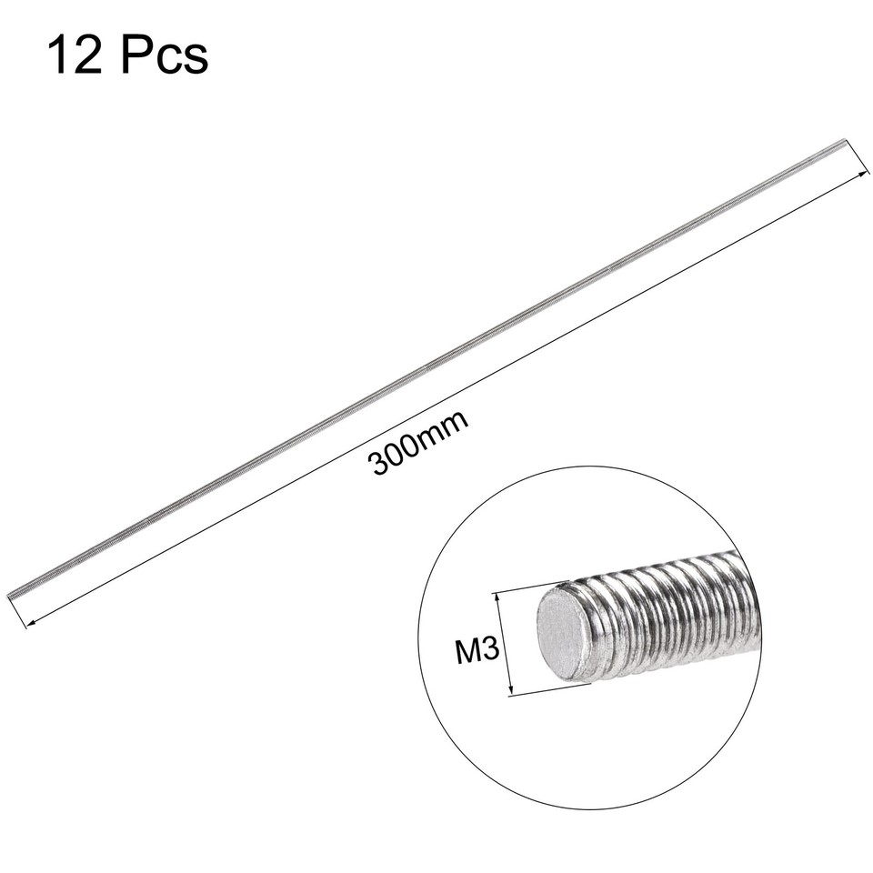 M3 x 300mm Fully Threaded Rod Right Threads DIY 304 Stainless Steel ...