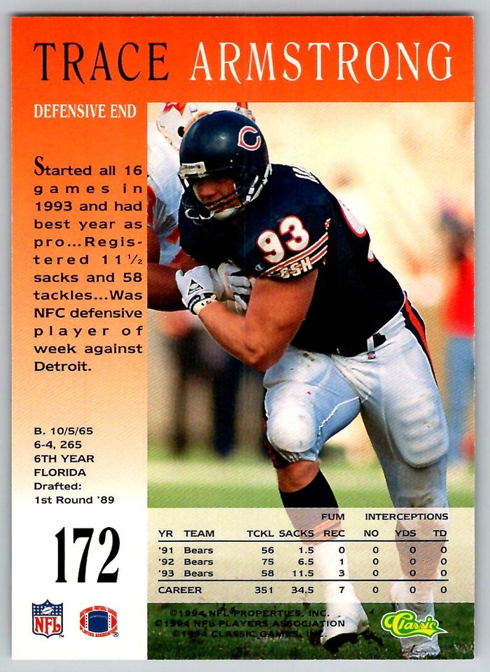 1994 PRO LINE LIVE TRACE ARMSTRONG CHICAGO BEARS #172 | eBay
