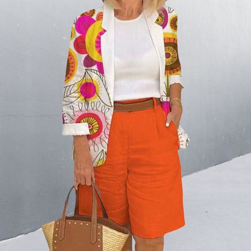 2 Pcs/Set Autumn Shorts Set Colorful Print Lapel Deep Crotch Autumn ...