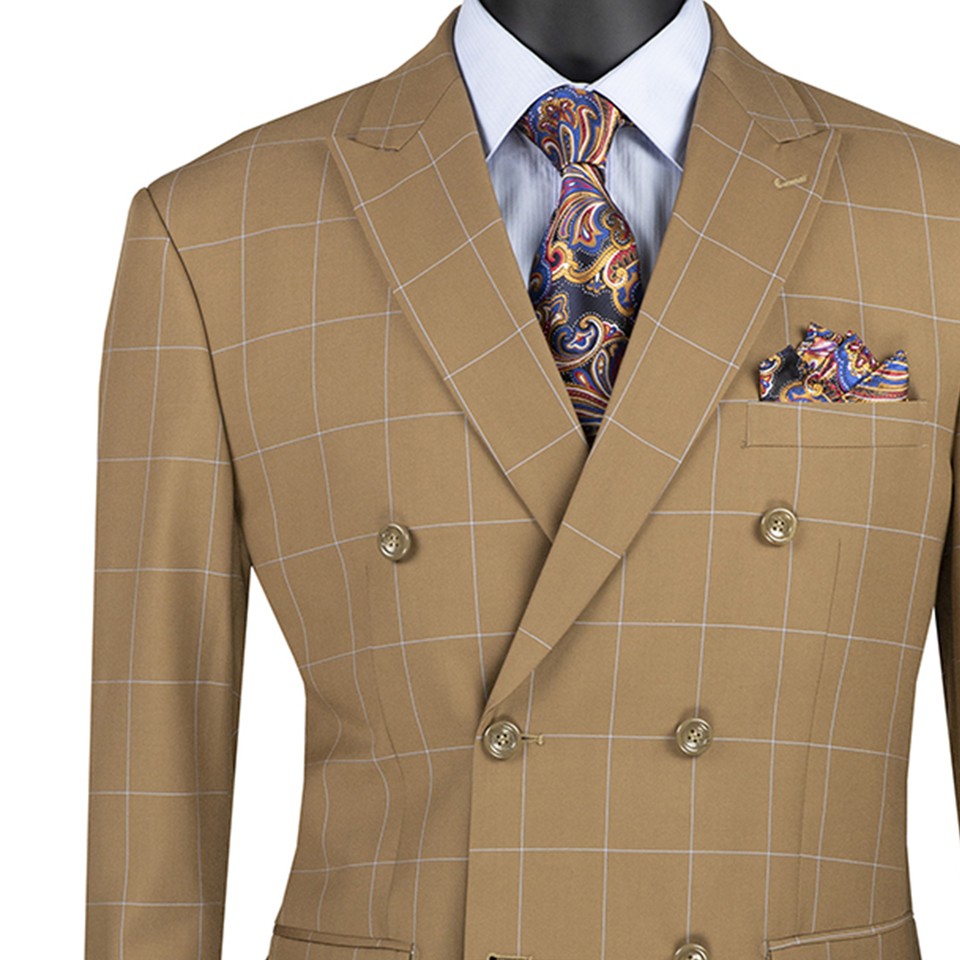 VINCI Men's Beige Windowpane Double Breasted 6-Button Modern Suit - NEW ...