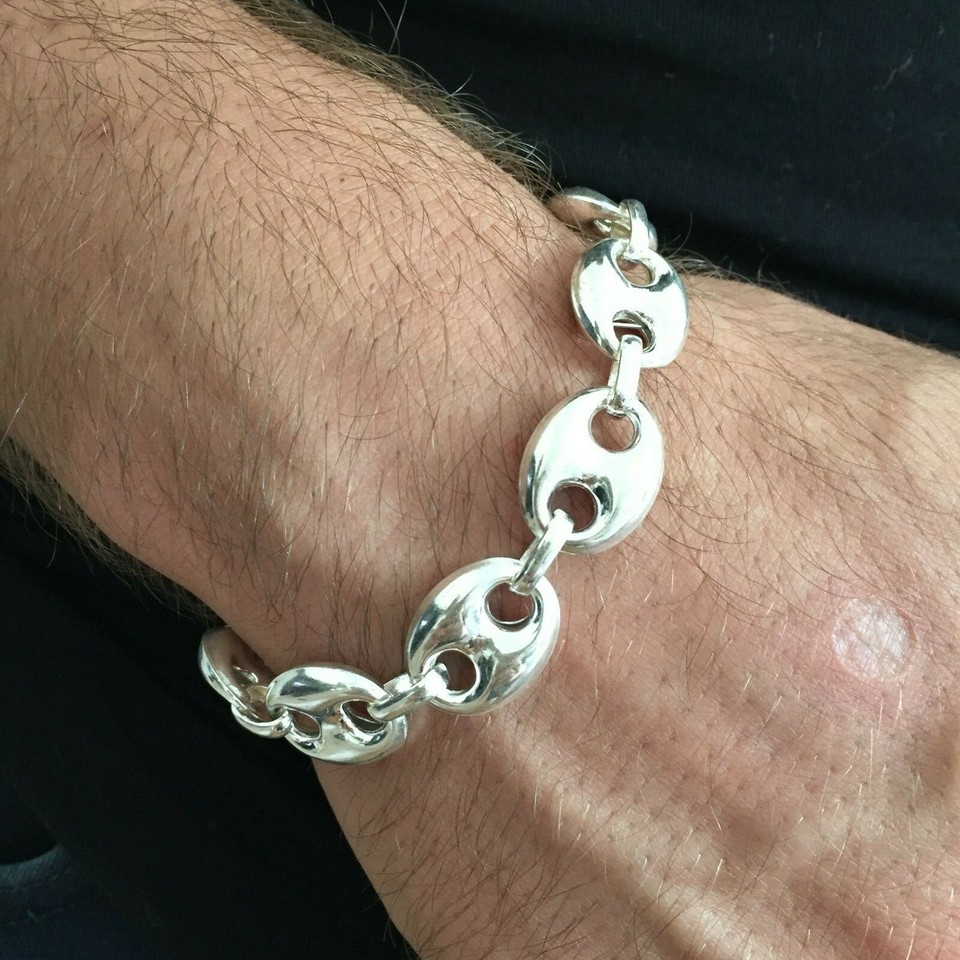 925 Sterling Silver Mens Mariner Puffed Link Chain Bracelet 9.05 Inch ...