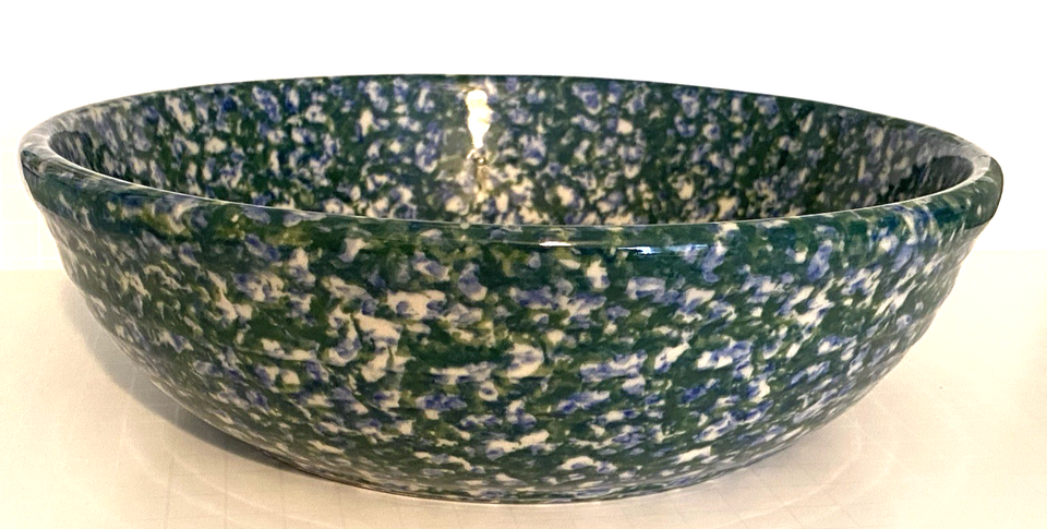 HENN Spongeware Pottery Blue Green ROUND Baking Pasta Dish HENN Handled ...