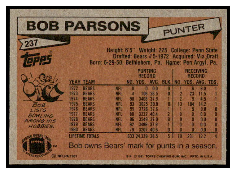 1981 Topps #237 Bob Parsons Chicago Bears Excellent | eBay